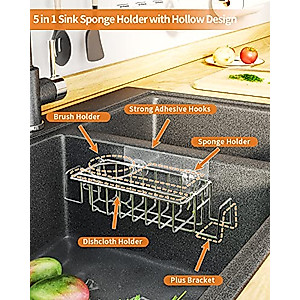 SWTYMIKI 5 in 1 Sponge Holder for Kitchen Sink, Stainless Steel Sink Caddy with Dishcloth Holder for Brush & Sponge in Sink Sponge Caddy with 2 Strong Adhesives in Silver