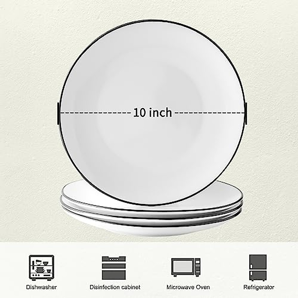 YOLIFE 10 inch Dinner Plate, Set of 4 White and Black Trim Porcelain Plates