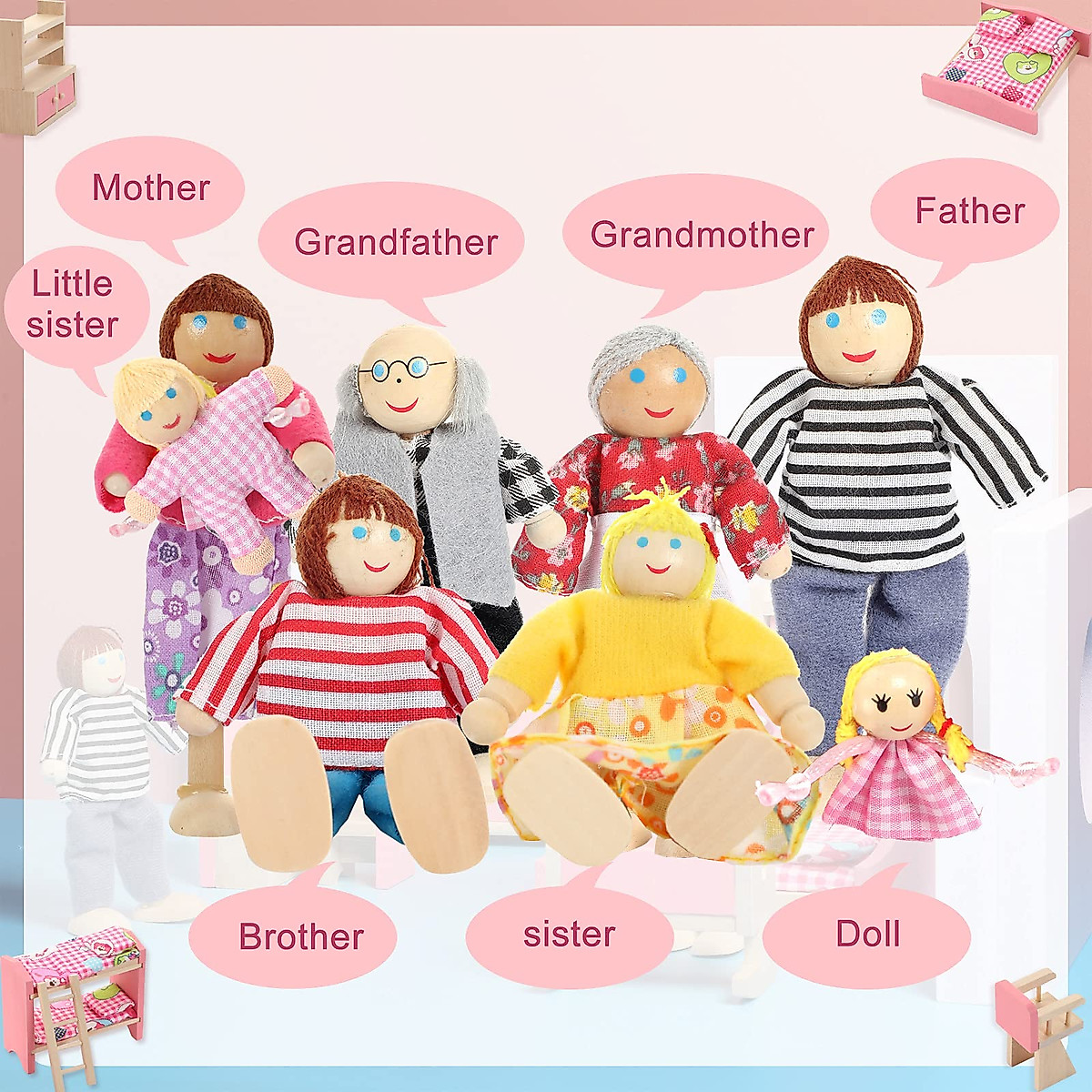 Wooden Dollhouse Furniture Doll House Furnishings with 8 Pieces Winning Doll Family Set, Dollhouse Accessories for Miniature Dollhouse, Family Figures Imaginative Play Toy (Lovely Style)