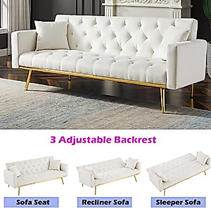 DNChuan Velvet Futon Sofa Bed,3 Seater/Plus-Loveseat Sleeper Sofa,Button Tufted with 2 Pillows and Gold Metal Legs, Easy Assembly-Off White