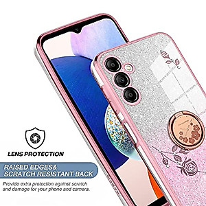 Bonoma Case for Samsung Galaxy A14 with 360°Rotatable Ring Holder Kickstand, Cute Luxury Saprkle Glitter Pretty Pink Flowers Floral Shiny Bling Sparkle Cover Shell for Women Girls