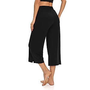 DIBAOLONG Womens Capri Pants Loose Yoga Pants Wide Leg Drawstring Comfy Lounge Pajama Capris Sweatpants with Pockets Black L