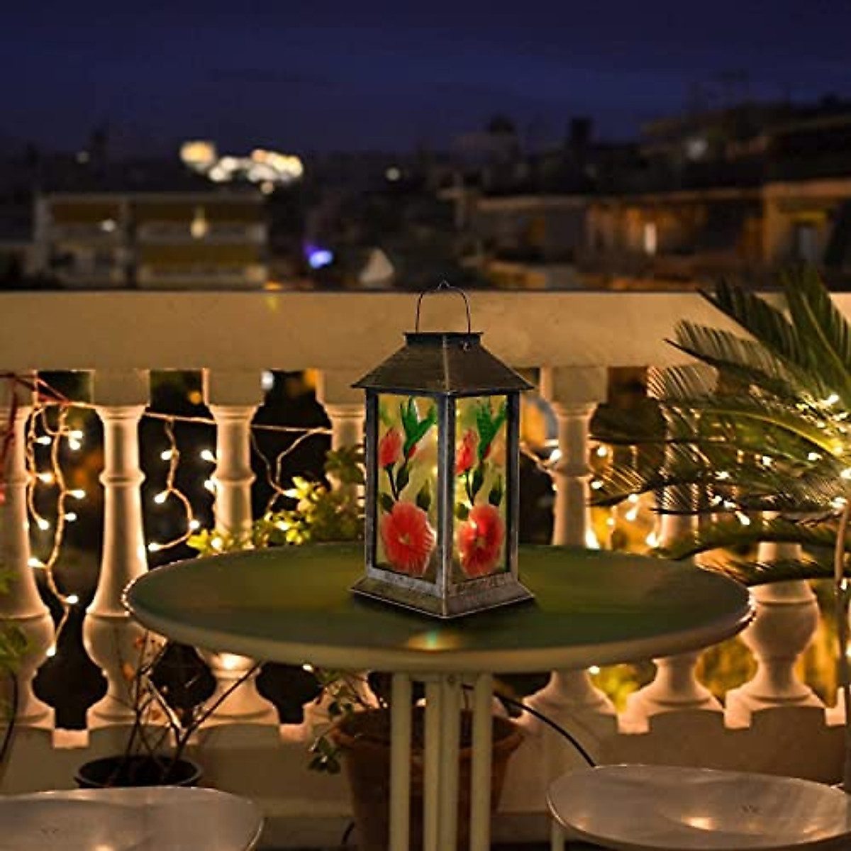 Solar Hummingbird Lantern Waterproof Outdoor Hanging Glass Lantern Decorative Tabletop Lamp Metal LED Lights for Garden Patio Porch Holiday Party Yard Table Pathway Walkway Holiday Decor Gifts (1pack)