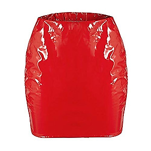 Women Bright Sexy Skirt Pu Faux Leather Bodycon Slim Mini Skirt Evening Party Club Wear Pencil Skirt (Red, S)