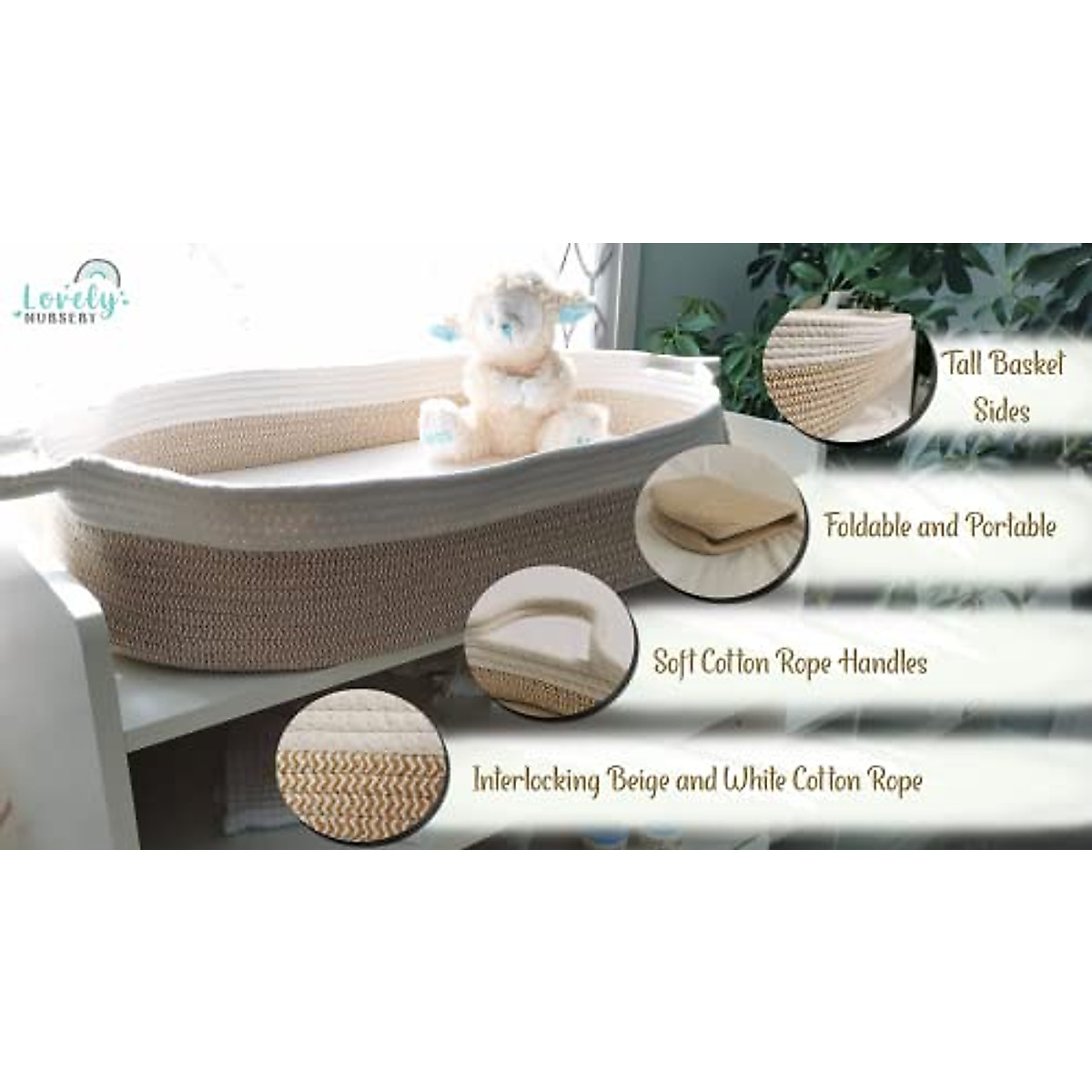 Lovely Nursery Baby Changing Basket Moses Basket 100% Cotton Rope and 1.2€ Thick Foam Pad with Removable Cover Change in Style and Comfort Beige/White Set