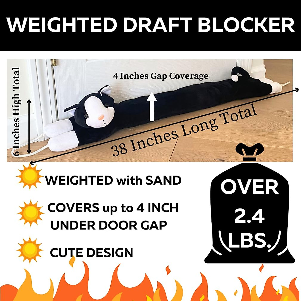 Evelots Under Door Cat Draft Stopper - Weighted - Keep Cold Air, Warm Air Out - Odor, Noise, Dust, Wind Blocker - Great for Window - Full 38 Inch Long - Heavy Duty Kitty Cat - Hanging Loops