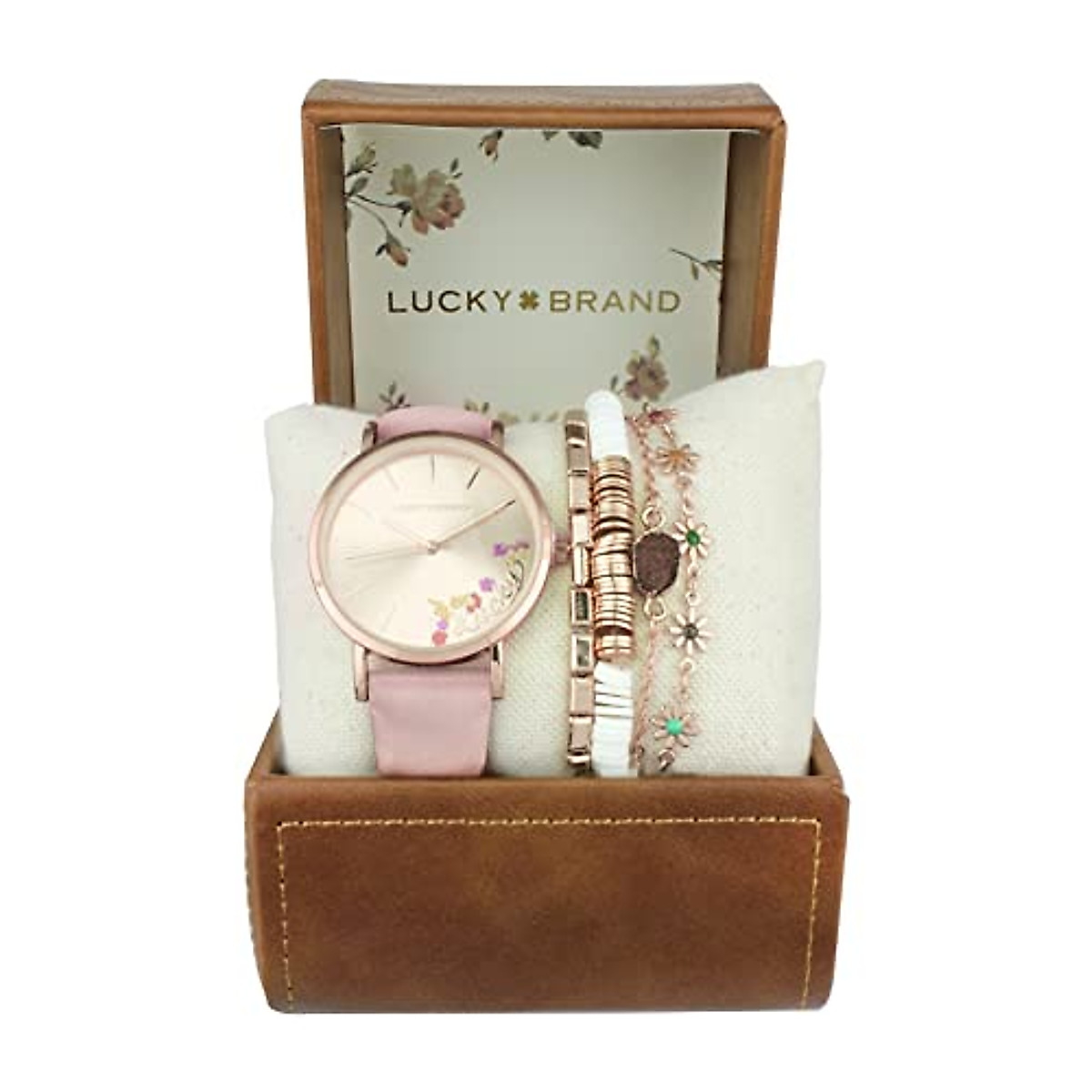 Lucky Brand Watches for Women Floral Dial with Genuine Leather Strap Quartz Movement Women's Wrist Watches Bracelet Gift for her Box Set (Rose Gold)