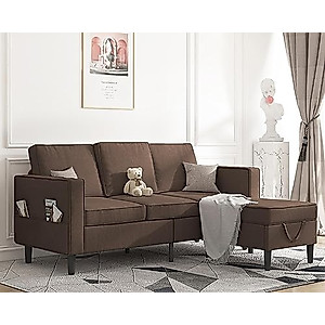Mjkone Convertible Sectional Sofa Couch, 3-Seat L-Shaped Sofa with Storage Ottoman, Wooden Couch Legs Modern Linen Fabric Reversible Chaise for Living Room, Studio, Apartment - Coffee