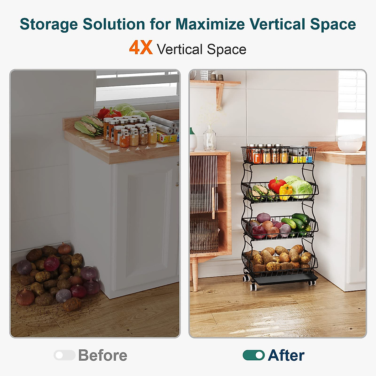 Onion and Potato Storage, Packism 4 Tier Fruit Vegetable Storage Basket with Protective Mats, Rolling Cart Vegetable Storage with Lockable Wheels for Kitchen, Bathroom, Pantry - Black