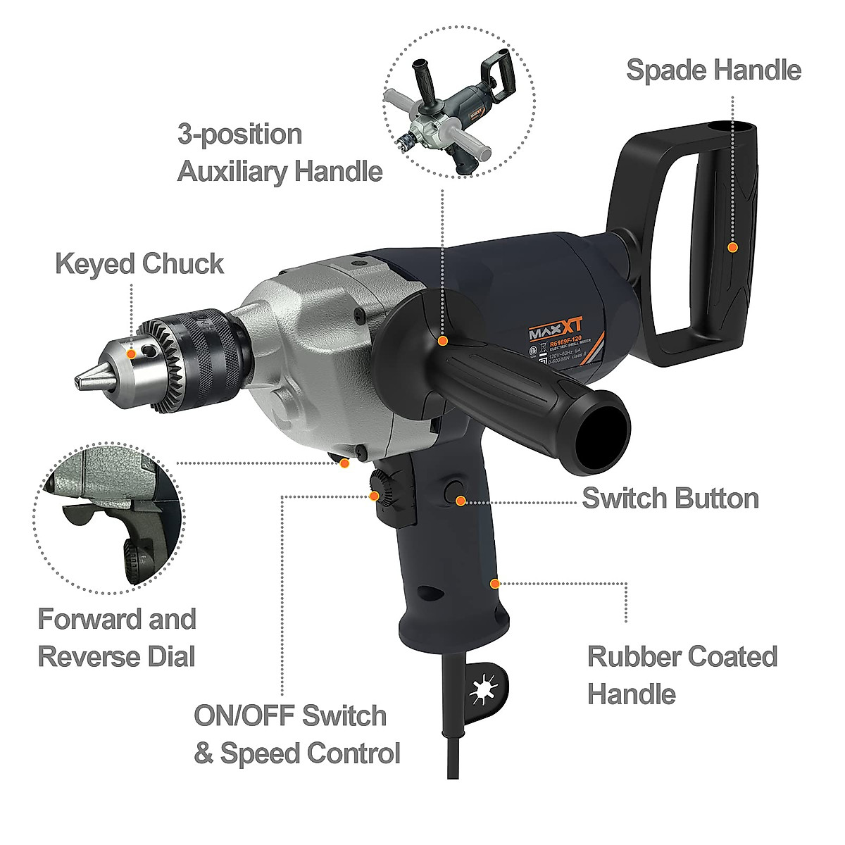 Maxxt 9A Motor Drill Mixer Set with Spade Handle 1/2 inch Electric Augers Post Hole Digging Corded Mixing Drill Machine for Drilling and Mixing