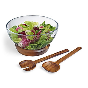 Nambe Cooper Salad Bowl with Servers | 11 Inch Salad Bowl with Serving Utensils | Made of Acacia Wood and Glass | Bowl is Dishwasher Safe | Designed by Steve Cozzolino