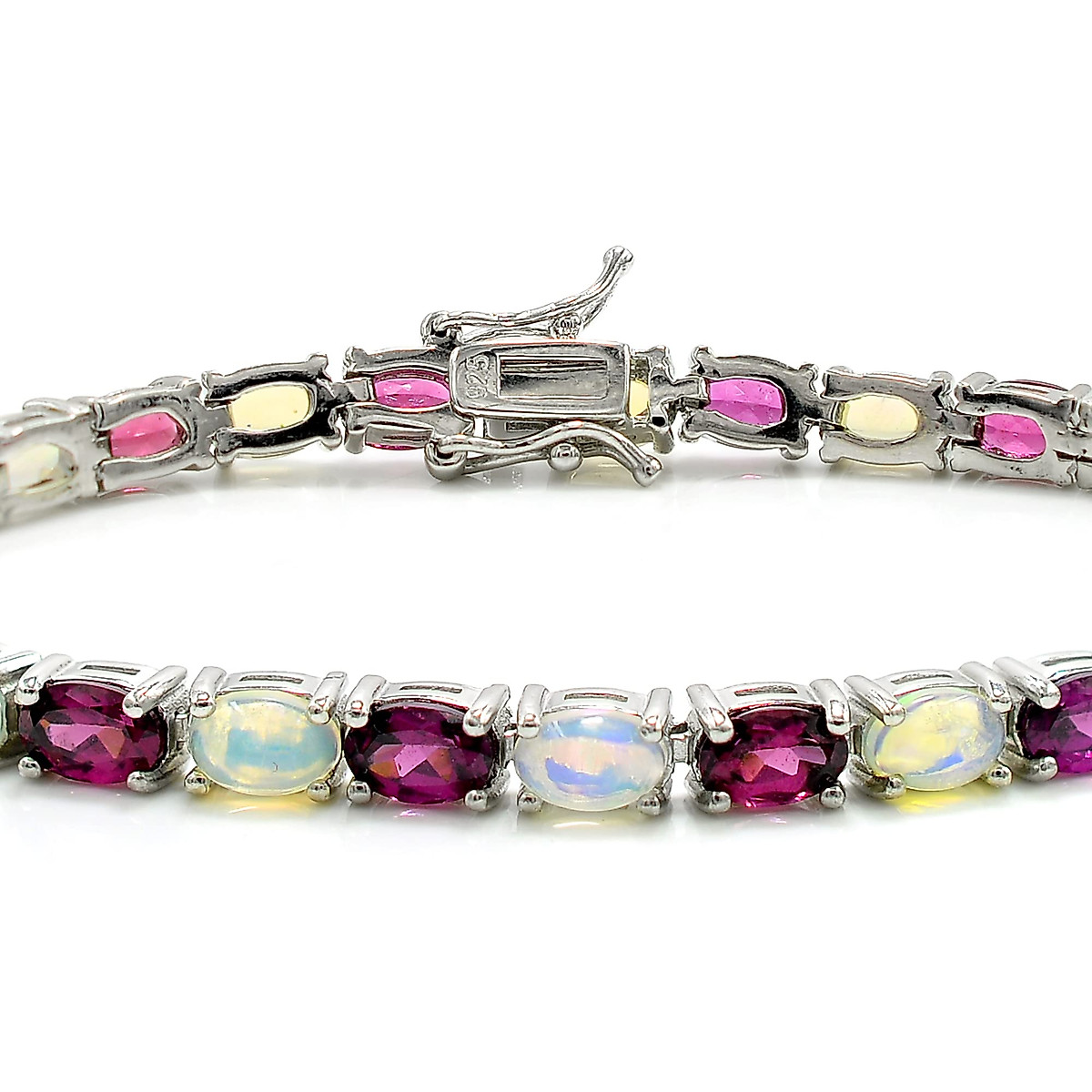 6X4 MM Oval Cut Natural Red Rhodolite Garnet Ethiopian Opal Gemstone 925 Sterling Silver January Birthstone Women Jewelry Tennis Bracelet Wedding Gift For Bridal Gift Christmas Gift For Girlfriend Gift (Rhodium Plated Silver, 6.5 Inches)
