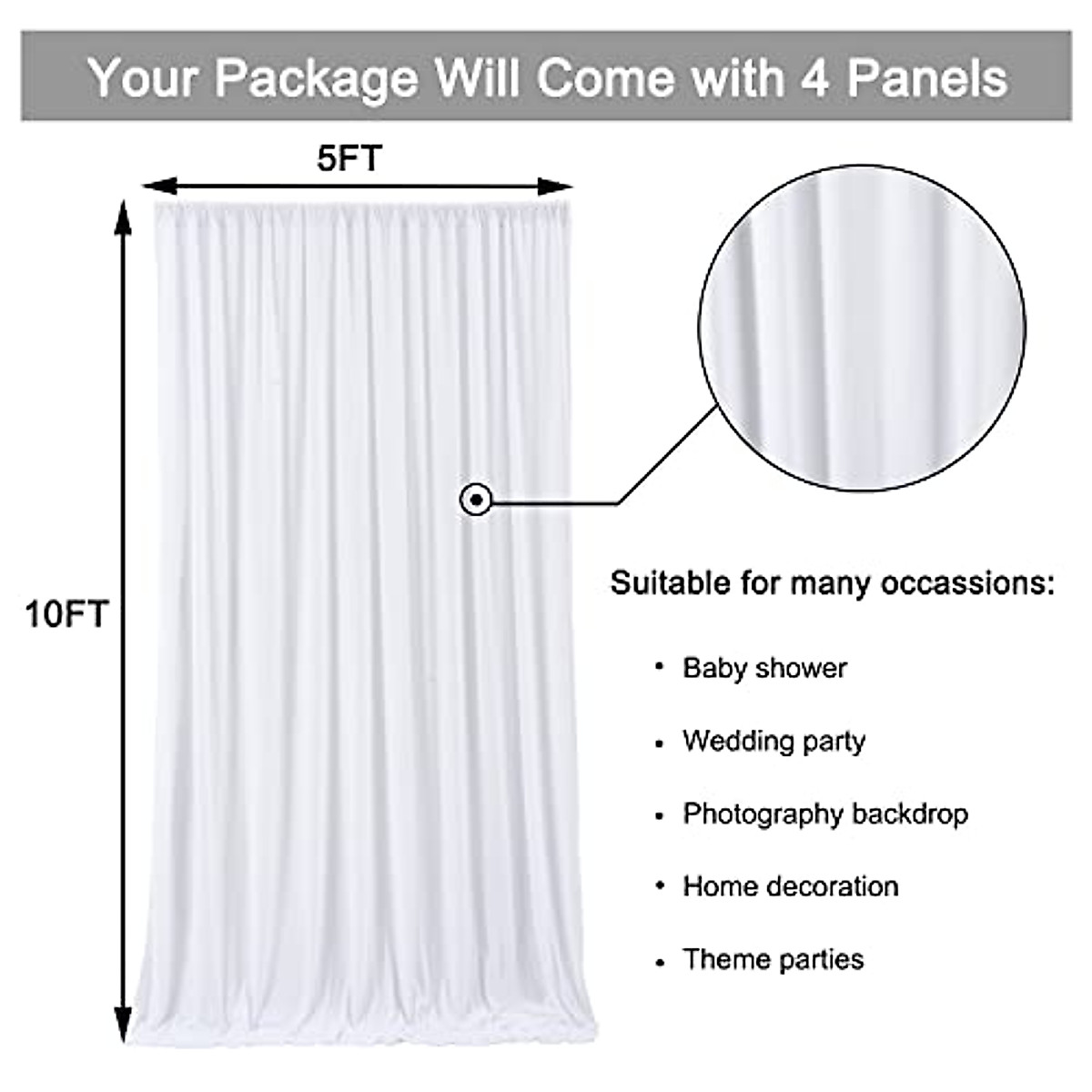 10ftx20ft White Thick Wrinkle Free Backdrop Curtain Panels for Parties, 4 Panels 5ftx10ft Polyester Photography Backdrop Drapes, Wedding Birthday Party Baby Shower