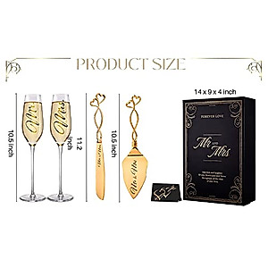 Rivocoda Wedding Cake Knife and Server Set Champagne Flutes Engraved Mr and Mrs Gifts，Bride and Groom Toasting Champagne Glasses for Wedding Gifts for Couple Anniversary Bride Shower Engagement Gifts