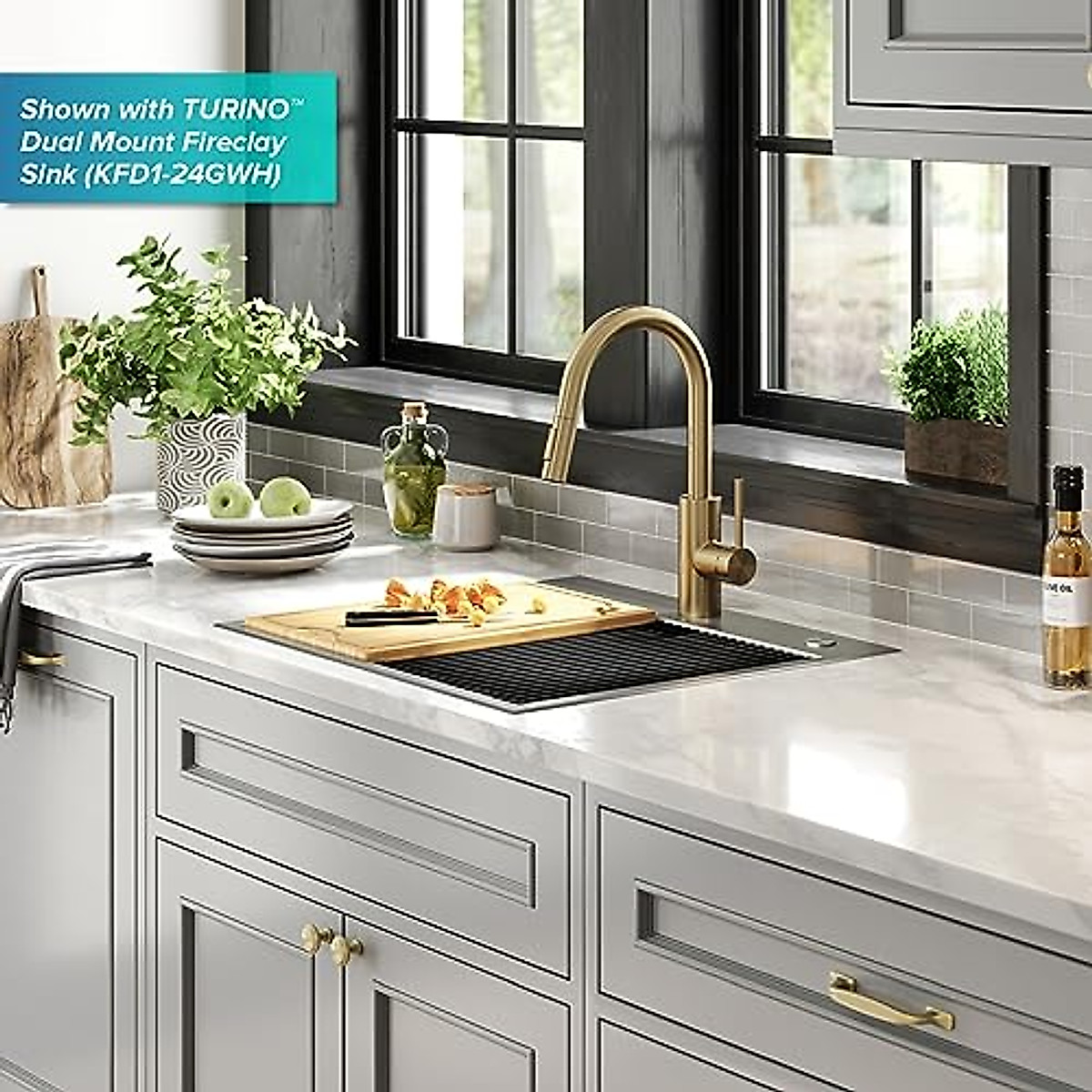 KRAUS Oletto Pull-Down Single Handle Kitchen Faucet with QuickDock Top Mount Installation Assembly in Spot Free Antique Champagne Bronze, 15 1/8 Inch, KPF-2620SFACB