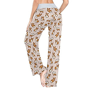 Women's Comfy Pajama Pants Cartoon Corgis Pattern Casual Drawstring Palazzo Lounge Wide Leg Pants, Medium