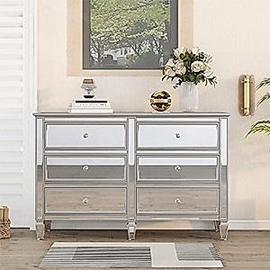 SOFTSEA Modern 6 Drawer Mirrored Dresser, Glass Dresser & Chest of Drawers for Bedroom, Silver Finished Storage Cabinet with Crystal Knobs, Easy Assembly