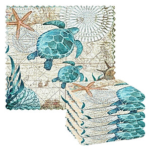 senya Vintage Ocean Sea Turtle Starfish Map Print Dish Cloths 6 Pack Dish Towels Reusable Cleaning Cloths Kitchen Hand Towels