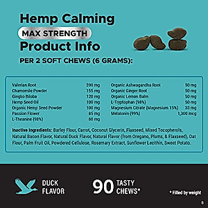 PetHonesty Hemp Calming Max Strength Chews for Dogs - All-Natural Soothing Snacks with Hemp + Valerian Root, Dog Stress & Dog Anxiousness - Helps Aid with Thunder, Fireworks, Chewing & Barking (Duck)