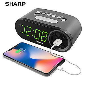 SHARP Digital Easy to Read Alarm Clock with 2 AMP High-Speed USB Charging Power Port - Charge Your Phone, Tablet with a high Speed Charge! Simple, Easy to Use Operation, Black – Green LEDs