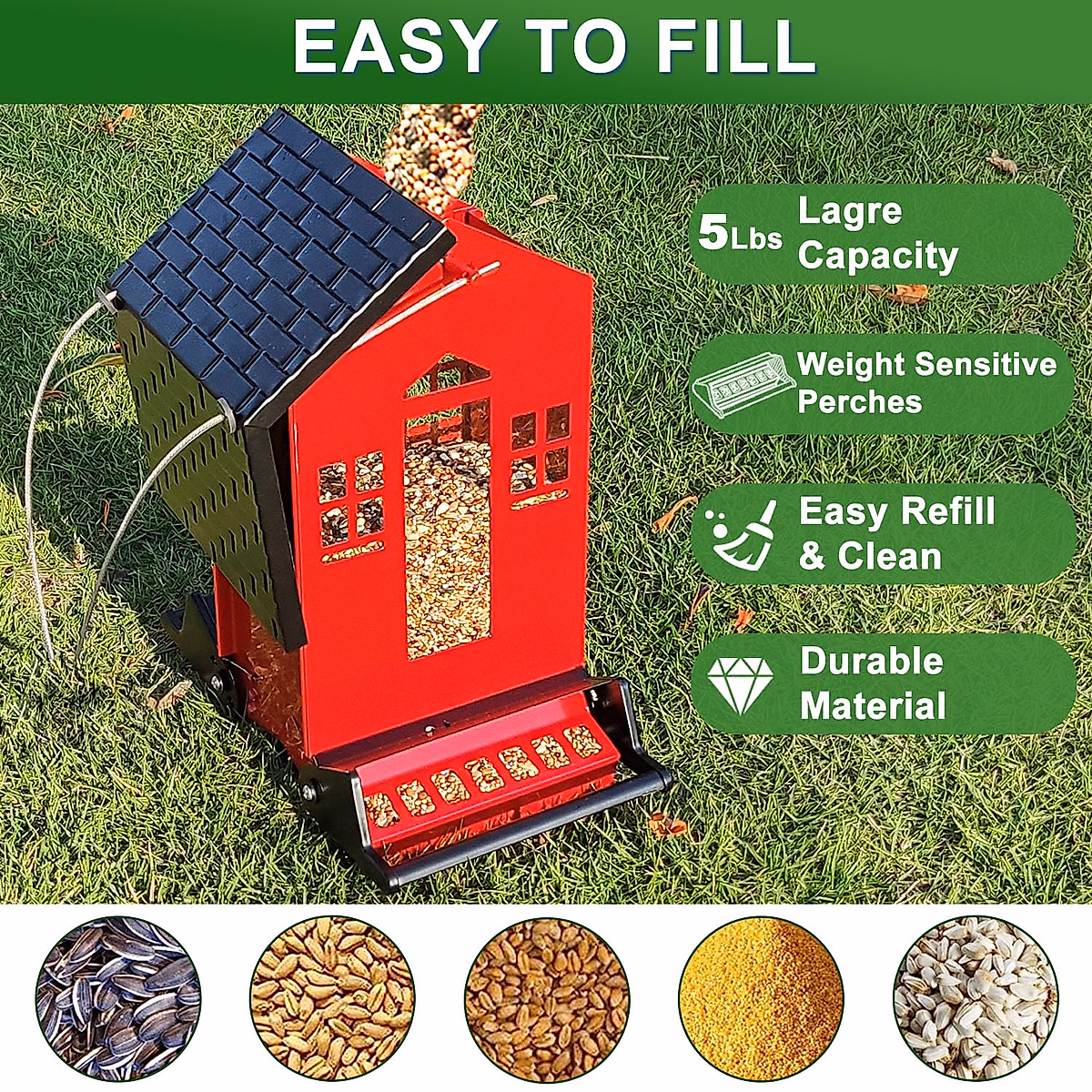 Squirrel Proof Bird Feeder, Red Metal Bird Seed Feeder for Outdoors Hanging Chew-Proof, 5lbs Large Seed Capacity for Cardinal, Finch, Sparrow, Blue Jay, Swallow, Parrot