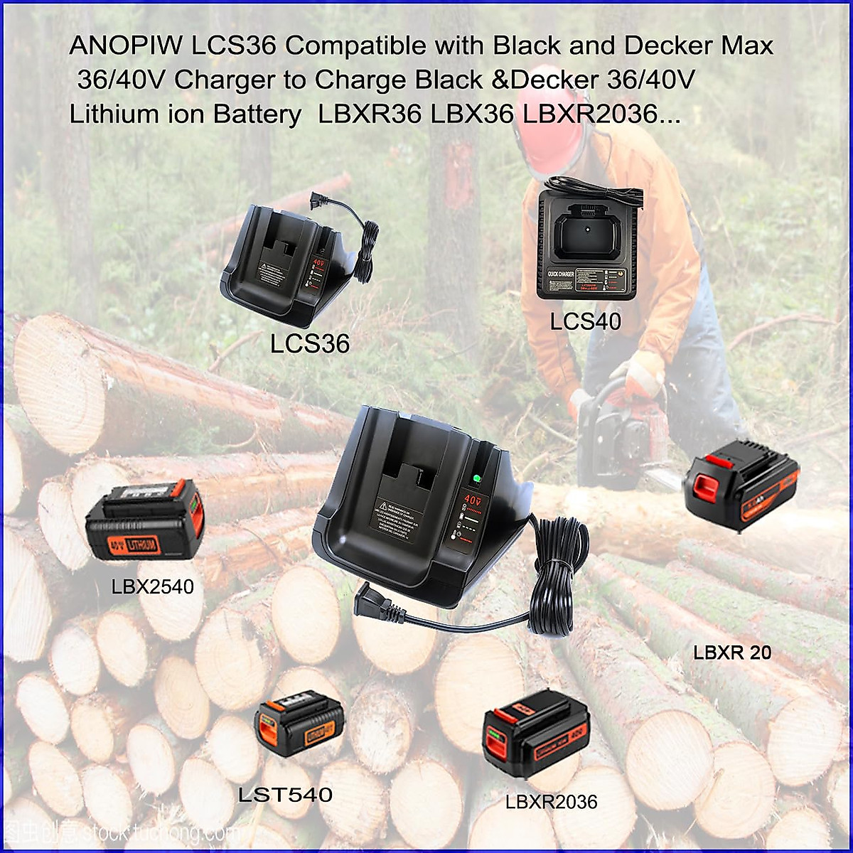 ANOPIW 40V MAX Fast Charger Compatible with Black and Decker LCS36 LCS40 for 36V/40V Lithium ion Battery LBX1540 LSW36 LBX2540 LBXR36 LBX36 LST136 LBXR2036 LHT2436 LBX2040...