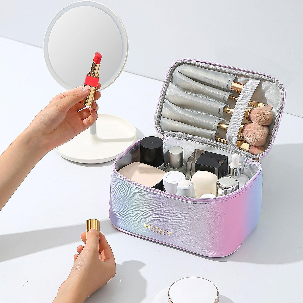 KITENROM Makeup Bag Preppy Cosmetic Bag Small for Women Toiletry Bags Pouch Organizer Rainbow Gradient Pink