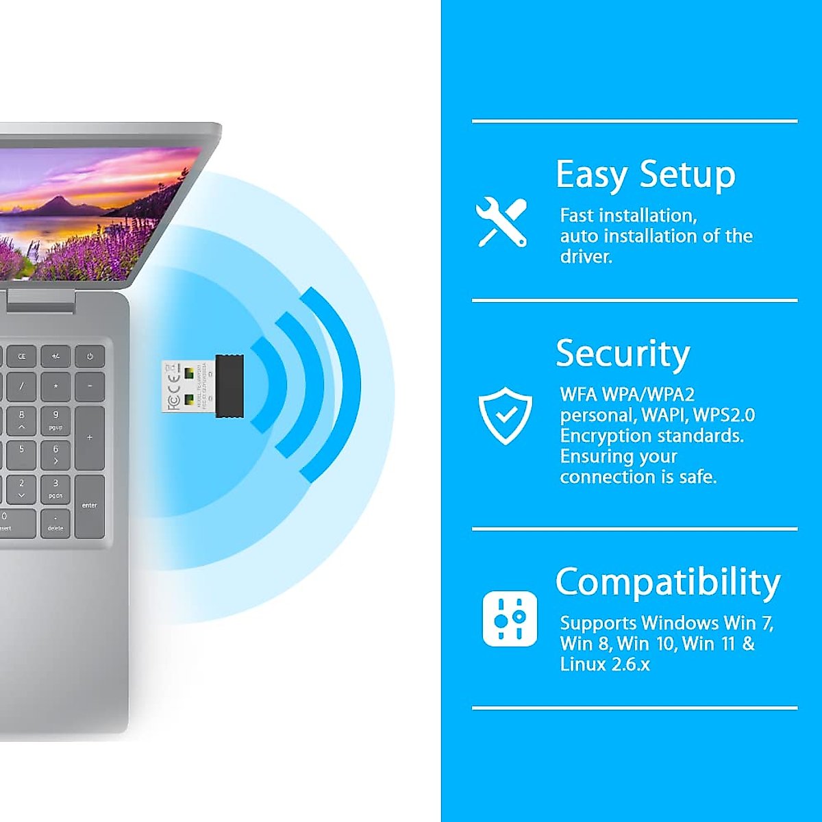 TEC USB WiFi Adapter for PC Wireless Network Adapter for Desktop/Laptop WiFi Dongle for Windows 11/10/7/8 & Linux Kernel 2.6.x, Dual Band Supports 5Ghz & 2.4 Ghz, Easy Installation, Up to 433Mbps