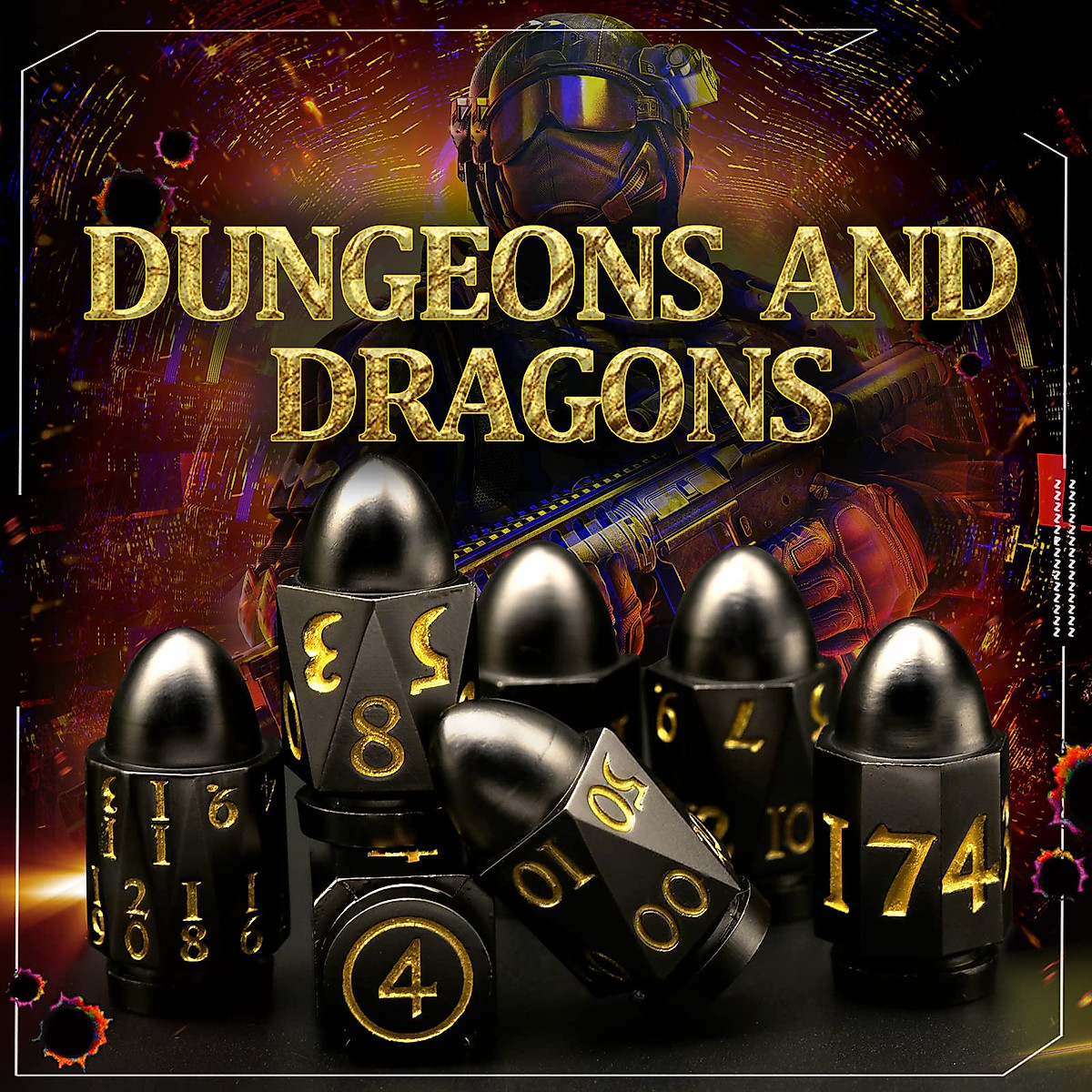 Bullet Dice Set Revolver, DND Dice Metal, ZHOORQI Gun Dice Set D and D Dice Gifts for Dungeons and Dragons, Pathfinder, Warhammer 40k, D&D, or Theme Tabletop Games（7Bullet-Black Gold）