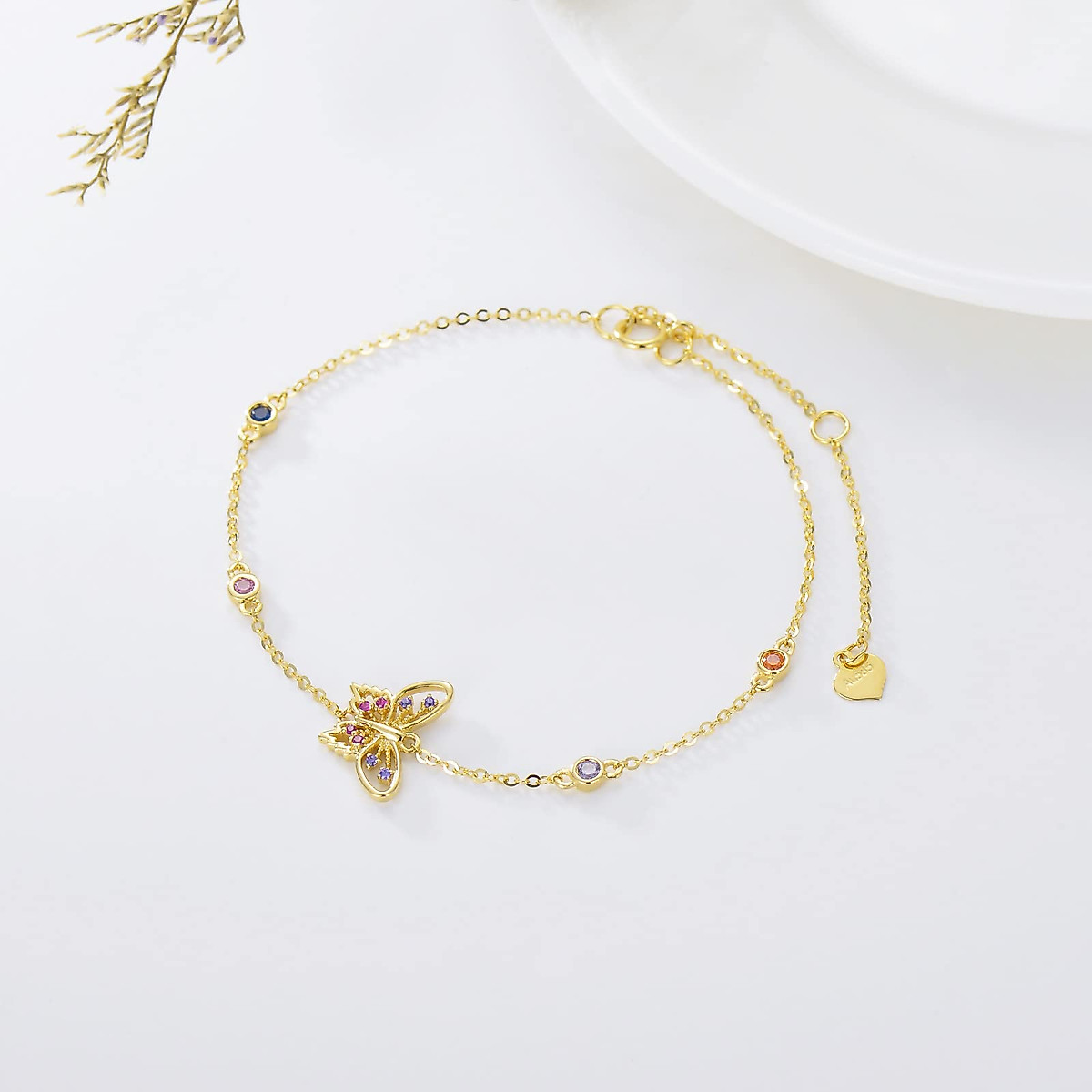 14K Gold Butterfly Bracelets for Women Adjustable Dainty Bracelet with Colorful Cubic Zirconia in 6.5"-8.5"