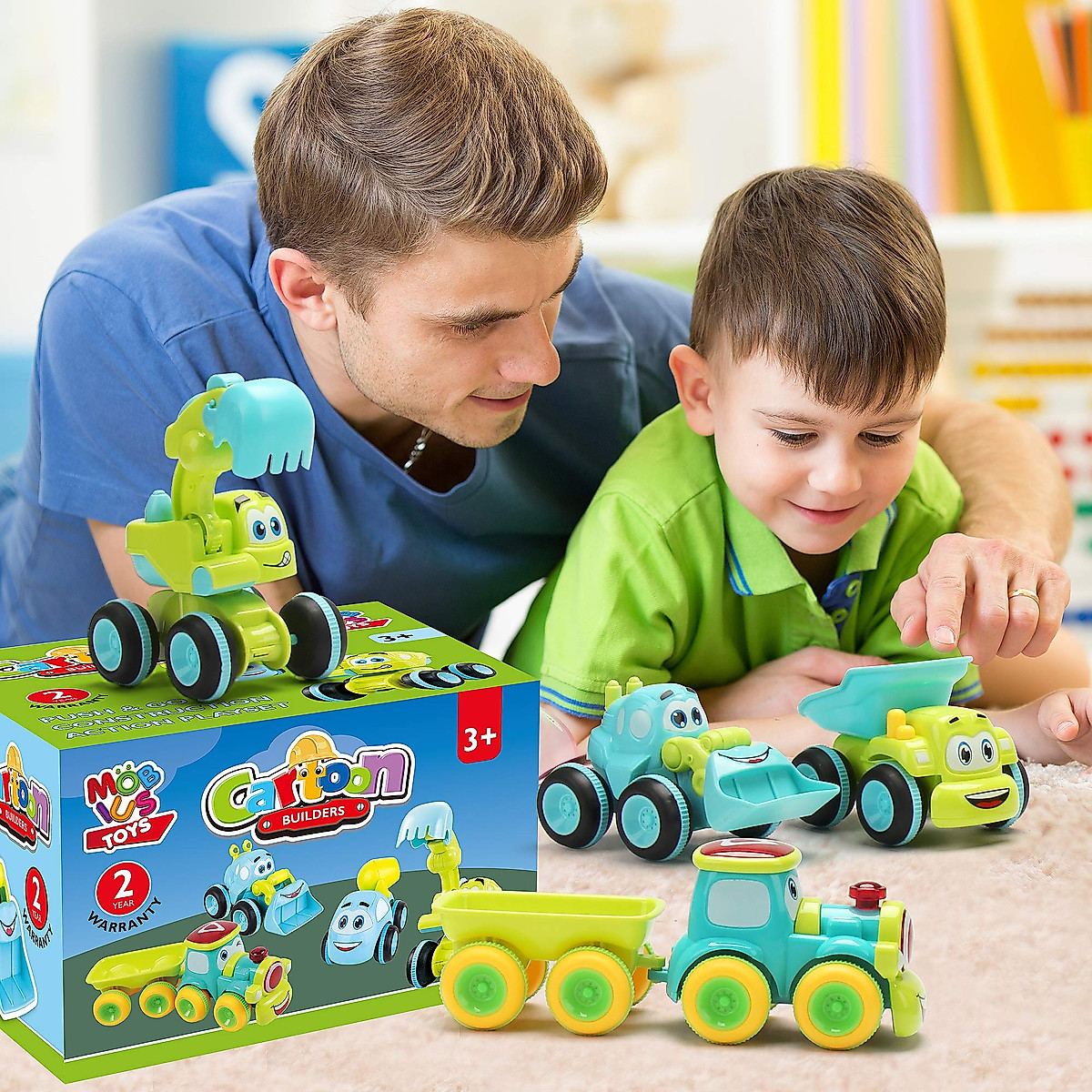Toys for a 2 Year Old Boy - 4 Friction Powered Trucks for 3+ Year Old Boys, Push & Go Cars Cartoon Construction Vehicle Set - Best Toddler Boys Toys & Toy Trucks, Play Pull Back Car, Idea