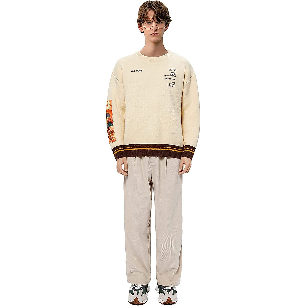 Aelfric Eden Van Gogh Sweater Oversized Pullover Sweater Cable Knit Sweater Men Graphic Sweater Beige