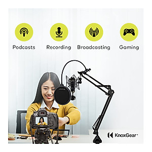 Knox Gear Boom Arm Microphone Stand for Podcasts, Studio Recording, Radio Broadcast, and Gaming, Microphone Desk Stand with 360-degree Rotation, Black Microphone Stand with 5/8-inch Screw Adapter