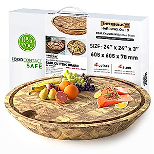 INTERBUILD REAL WOOD Heavy Duty Cutting Board (Butcher Block) with Juice Groove - 24" Round - Clear Oak