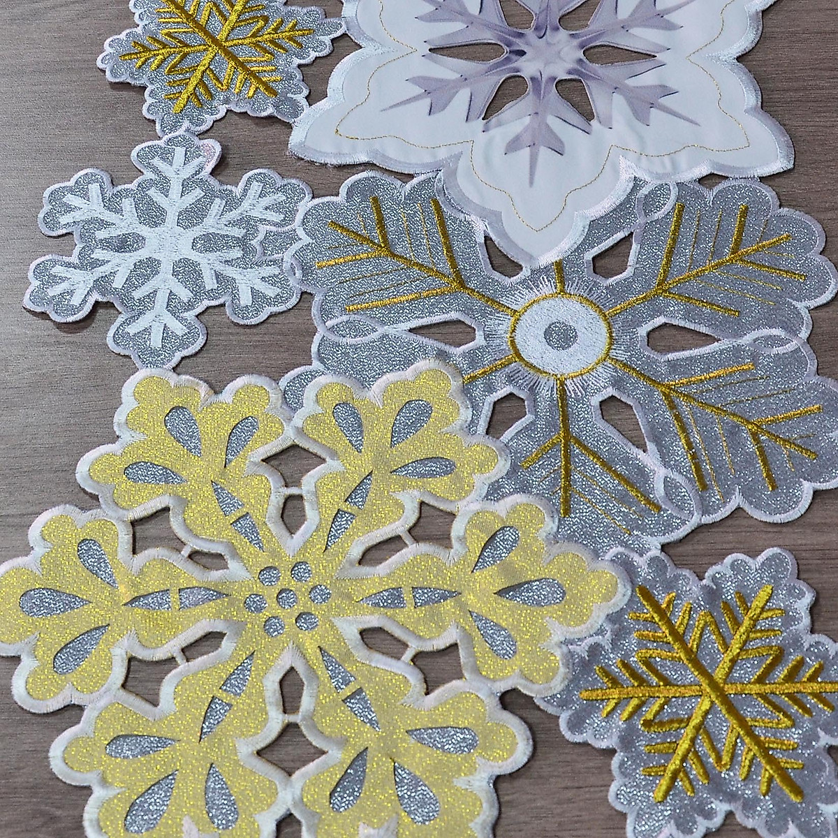 Grelucgo Machine Embroidered and Hand Cut Silver and Gold Winter Snowflakes Table Runner for Christmas Holiday (14 x 120 inches)
