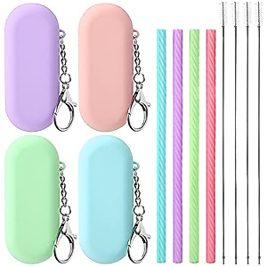 4 Set Silicone Straws with Case Reusable Straws Silicone Foldable Portable Drinking Straw Set for Party Travel Cold or Hot Straw with 4 Carry Case, 4 Cleaning Brushes 7 5/7 Inch Long (Classic Color)