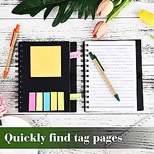 TOODOO 4 Packs Lined Spiral Notebook Kraft Paper Cover Notepad with Pen In Holder, Sticky Notes and Page Marker Colored Index Tabs, Steno Pocket Business Notebook (Black, Large)