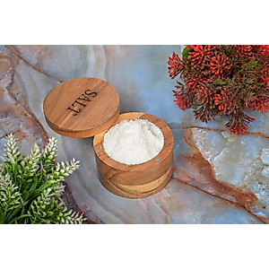 EDHAS Acacia Wood Round Condiment Pot with Magnetic Swivel Lids for Kitchen Countertop "Salt" Engraved on Lid (3.5” x 3.5” x 2.5”)