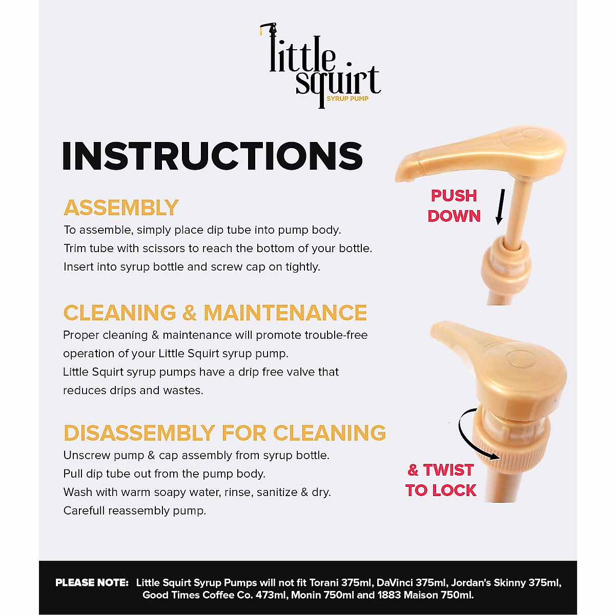 Coffee Syrup Pump Dispenser Fits 750ml Torani, DaVinci, Jordan's Skinny (Monin 33.8oz Plastic Bottles)