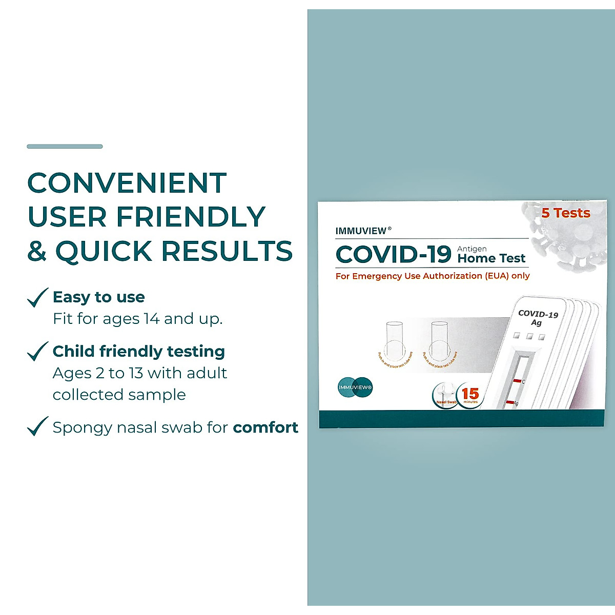ImmuView COVID-19 Antigen Home Test, FDA EUA at-Home Self Test, Non-invasive Nasal Swab, Easy to Use & Results Within 15 Minutes (1 Pack, 5 Tests Total)