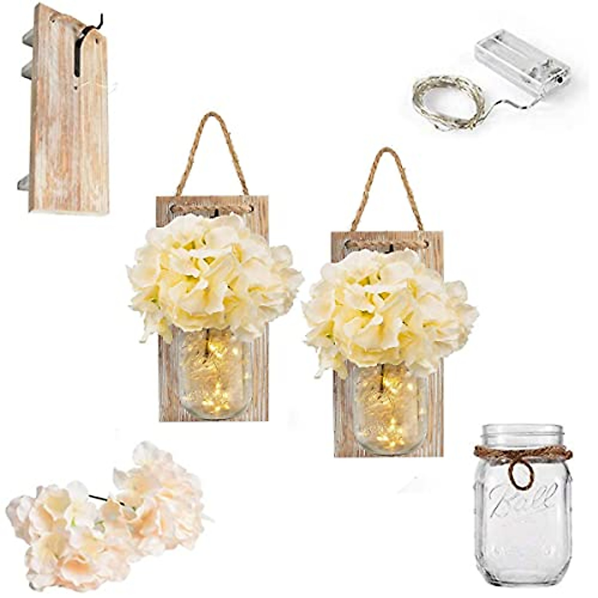 Emuardoe Mason Jar Wall Decor Rustic Wall Sconces Decorative 2 Packs LED Fairy Lights and Flowers Farmhouse Home Decor 6 Hours (Three meters, Khaki planks)