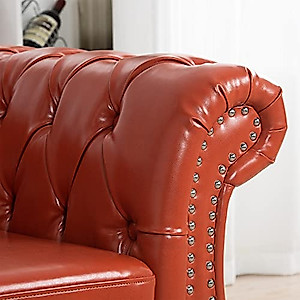 QHITTY Accent Large Sofa, Chesterfield Couch 3 Seater Modern Leather Couch Upholstered Sofa with Tufted Back for Living Room Furniture (Orange)
