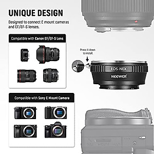 NEEWER Mount Lens Adapter Manual Focus Ring Compatible with Canon EF/EF-S Lens to Sony E Mount Camera A1 A9 A7 A7C A7R A7S A6600 A6400 NEX-7 NEX-6 ZV-E10 FX30, Not Compatible with Canon STM Lenses