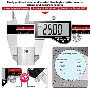 Caliper Measuring Tool, Qfun 6 Inch Electronic Digital Caliper with Stainless Steel and Extra-Large Display, IP54 Waterproof Vernier Calipers for Engineer Carpenter