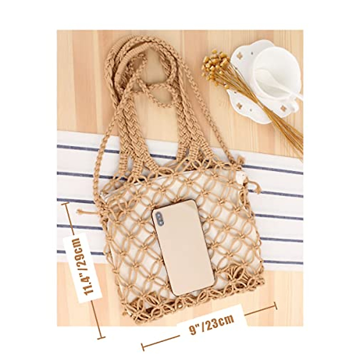JBR Straw Crossbody Bag Cotton Rope Leisure Beach Bag Fishing Net Handbag Woven Shoulder Bag for Women Girls Purse, Khaki