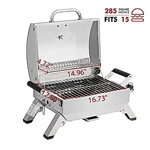Grills House Stainless Steel Portable Grill with Two Handles and Travel Locks, Tabletop Propane Gas Grill with Folding Legs, 10000 BTU, for Picnic Cookout, GT2001, Silver