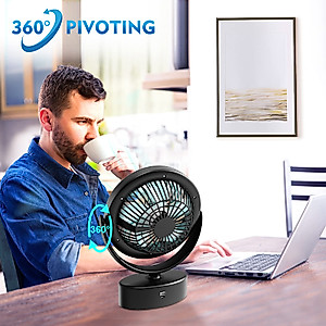KMU Camping Fan with LED Lights 6000mAh Rechargeable Battery Operated Fan, Portable Personal Small Desk Fan, Tent Fan with Retractable Hook for Camping, Fishing, Picnic, Bedroom, Home, Office...