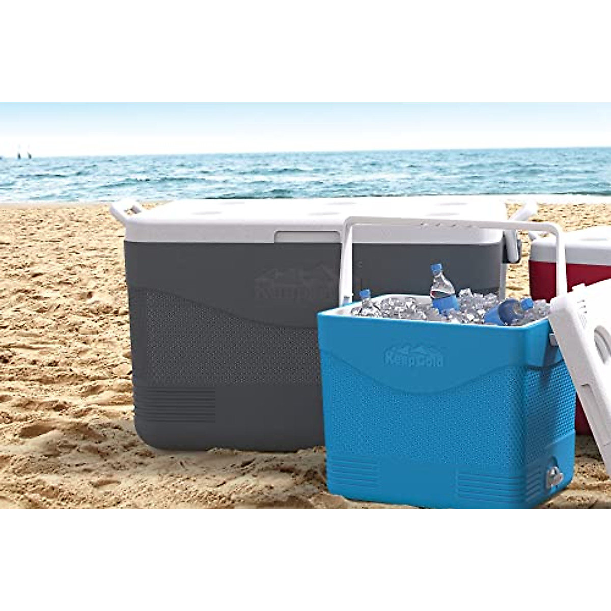 Duramax Picnic Icebox 60L High Performance Cool Box with PU Insulation, Side Handles with Secure lid Locking & Cup Holders on lid, Icebox, Cooler Box, Cool Grey