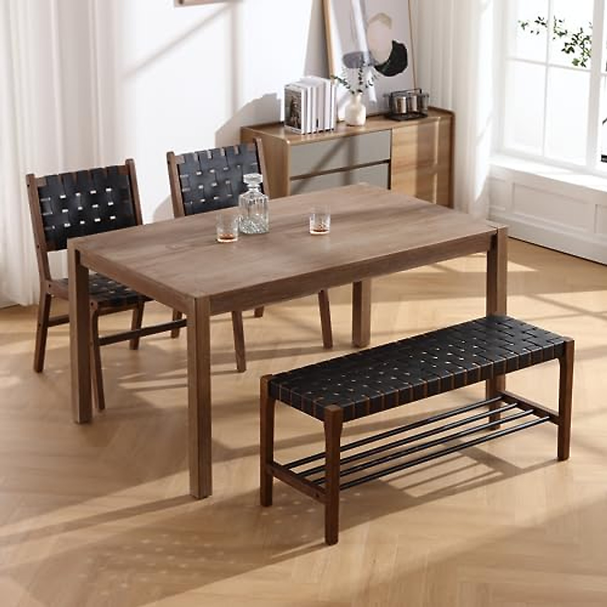 Janoray Solid Wood Bench, Modern 45" Long Dining Bench with Faux Leather Woven Strips & Metal Shelf Comfy Seat for Entryway/Dning Room/Bedroom, Black