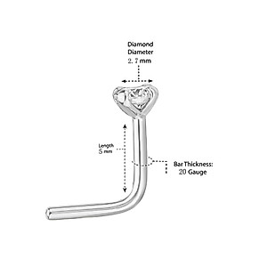 Lavari Jewelers 20 Gauge 0.07 Carat Lab Grown Diamond L-Shaped Nose Ring in 14k White Gold (D-E, I2-I3, cttw) 2.7 mm